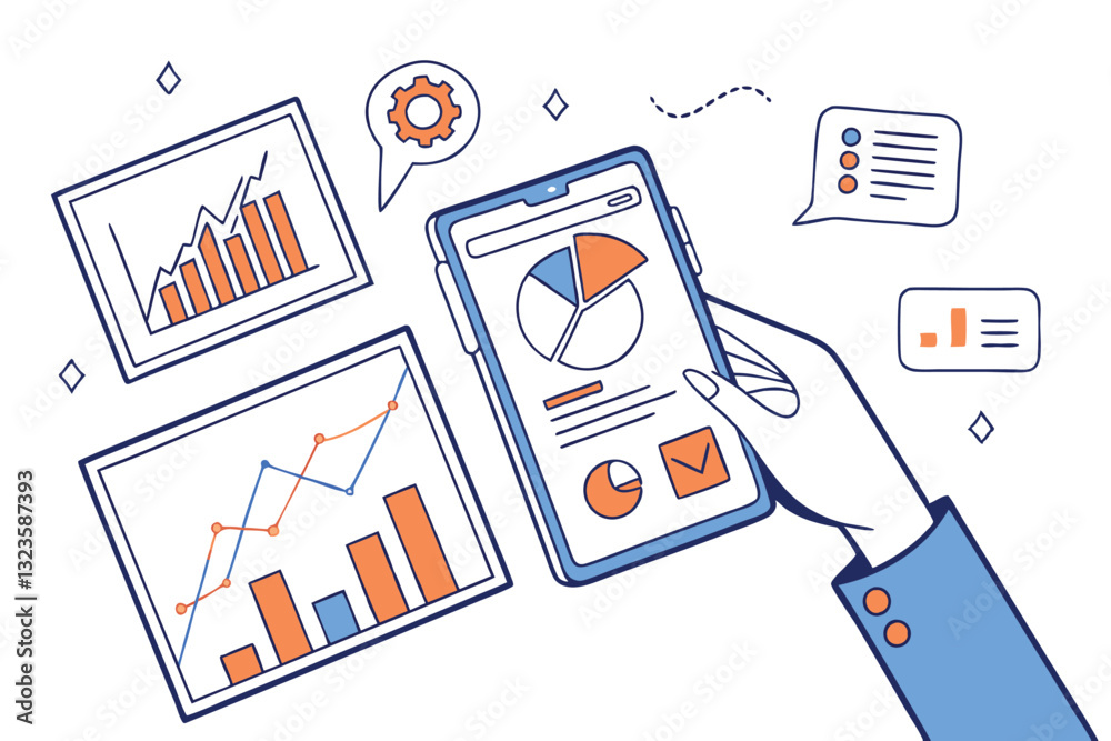 75 Business analytics, hands holding smartphone, colorful charts and graphs, data visualization ...