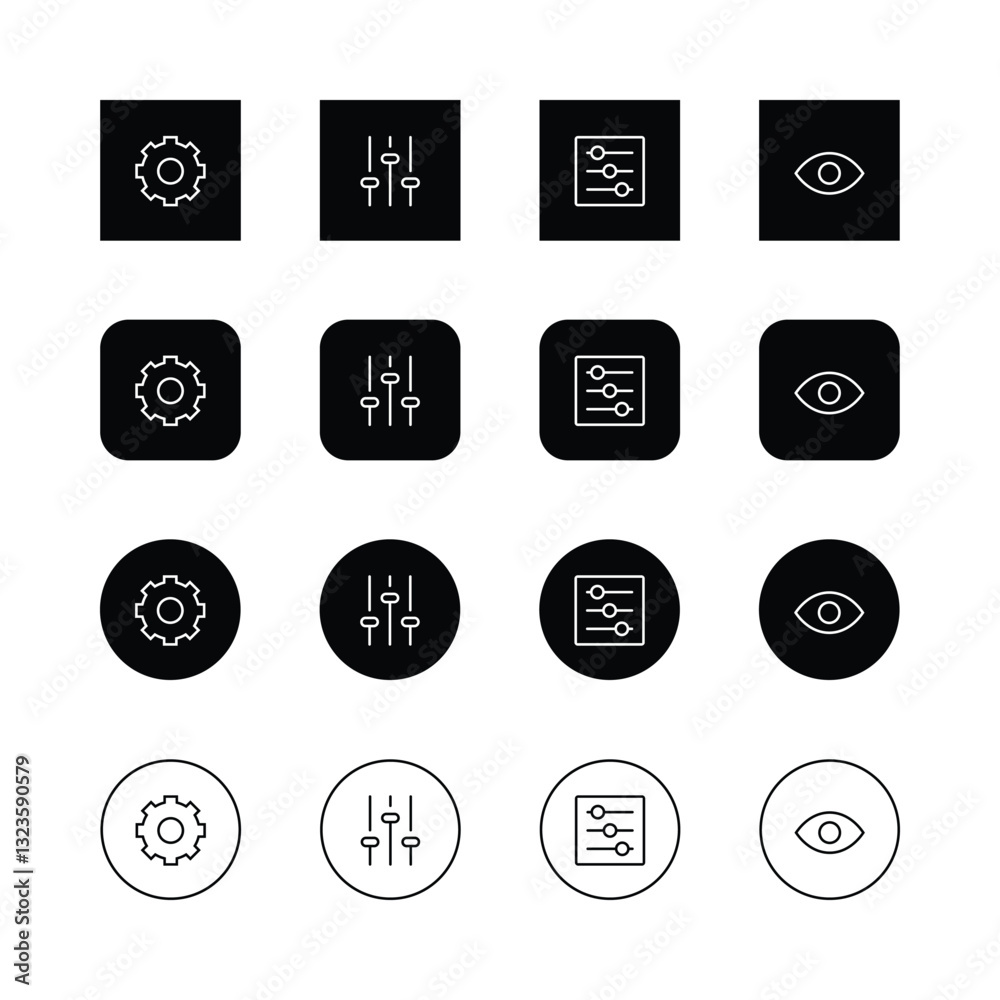 Minimalist icon set, UI design elements, gear symbol, slider controls ...