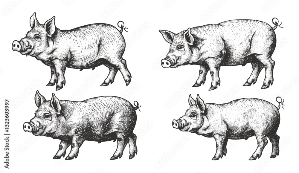 Hand-drawn pig vector illustration set, vintage farm animal etching ...