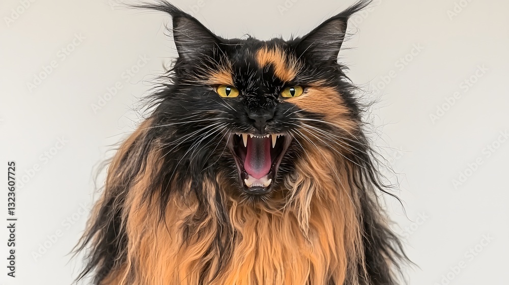 Angry Maine Coon Cat Displaying Its Teeth with Dramatic Fur Texture on ...
