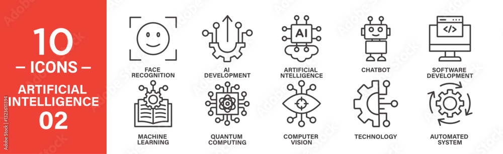 cons depicting AI concepts: face recognition, AI development, artificial intelligence, chatbot ...