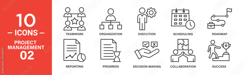 Ten line icons depict key project management phases: teamwork ...