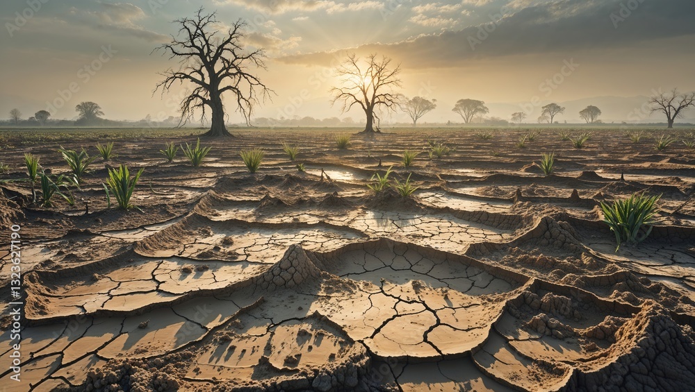 Cracked earth stretches across the landscape, revealing deep fissures ...