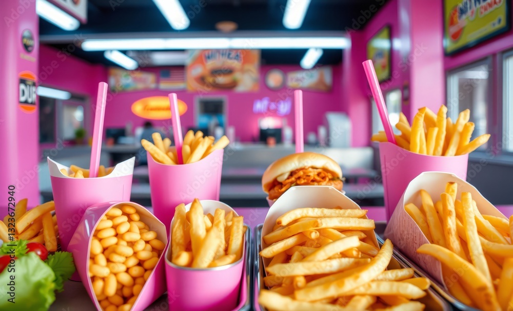 Fast food and french fries are sitting on trays light pink and pink ...