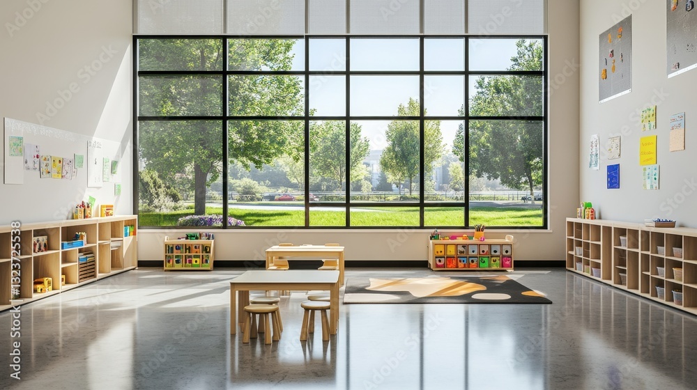 A modern early childhood classroom with floor-to-ceiling windows ...