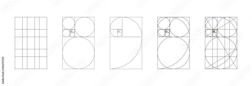 Golden ratio minimalist set. Method golden section mockups. Fibonacci array, numbers shapes ...