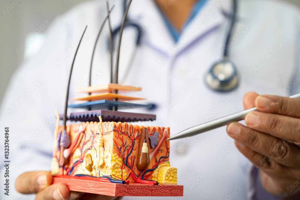 Asian dermatologist doctor holding skin structure model anatomy for ...