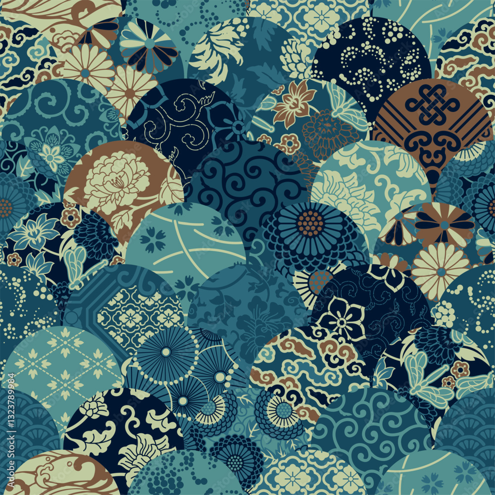 Japanese style traditional fabric patchwork wallpaper abstract floral ...