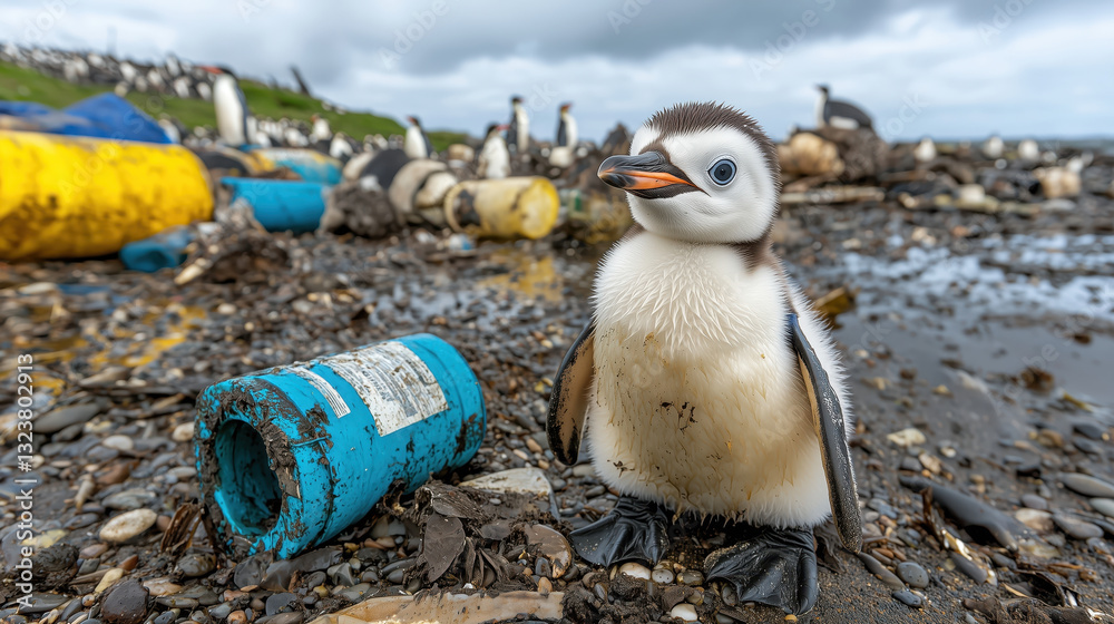 Baby penguin amidst plastic waste on polluted shore. Environmental ...
