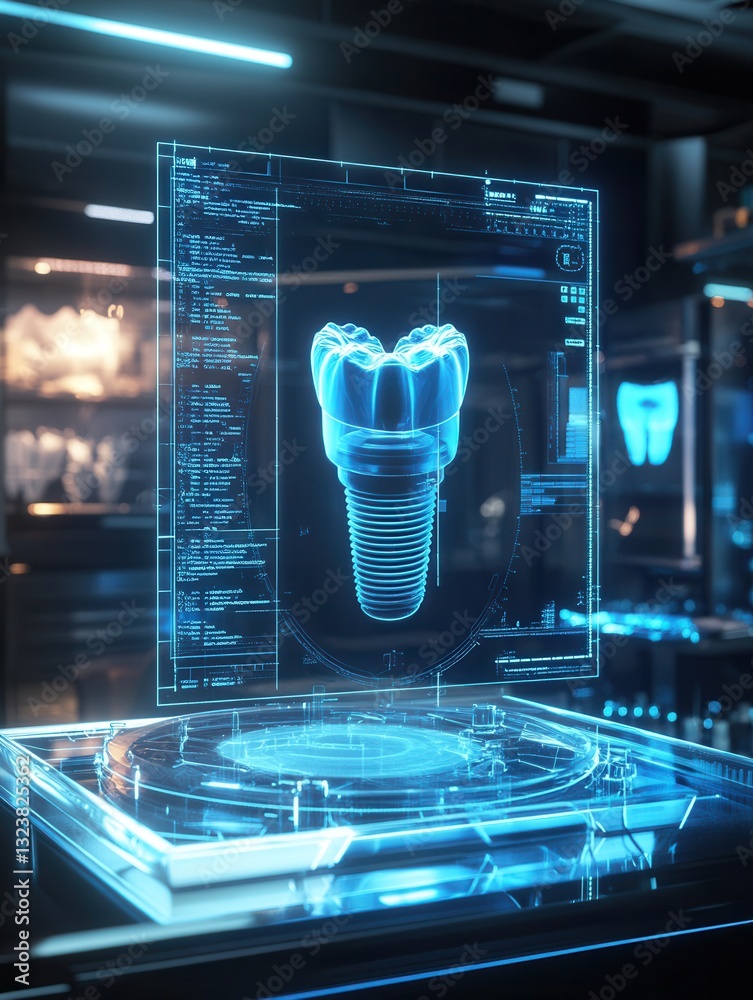 Modern holographic interface showcases a rotating 3D dental implant ...