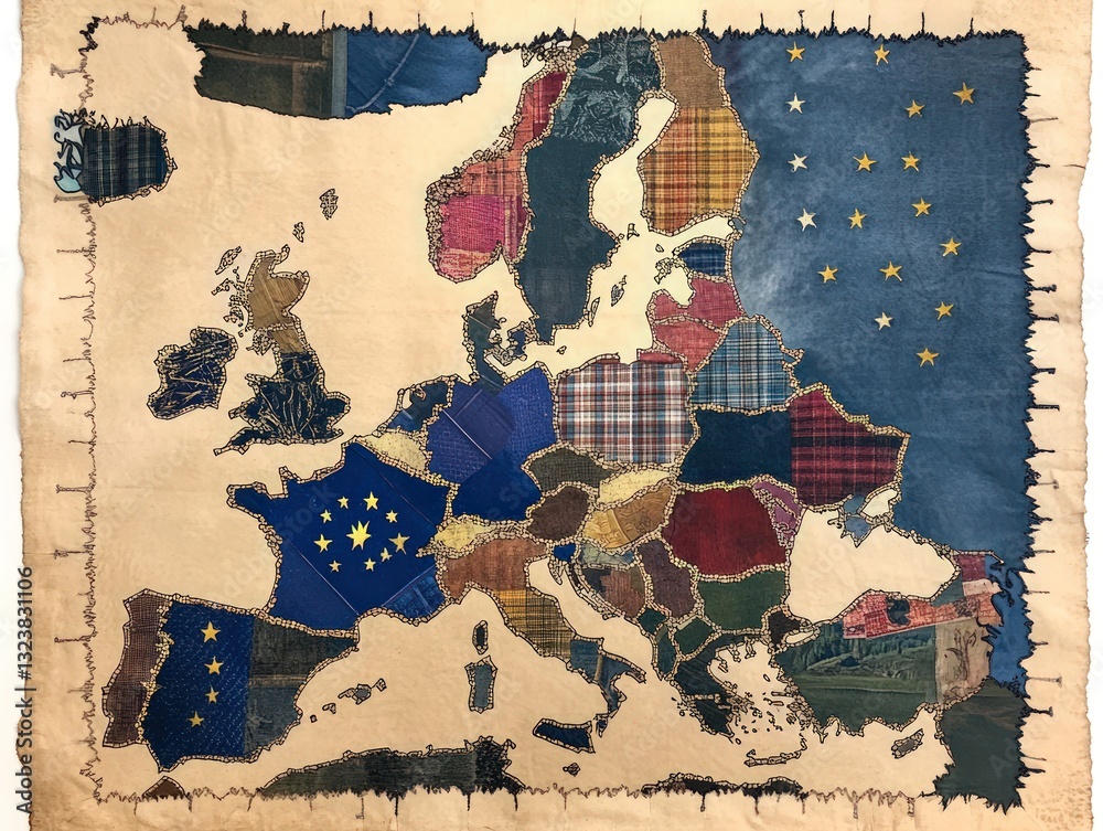 Patchwork textile map of europe with multiple fabric patterns in ...