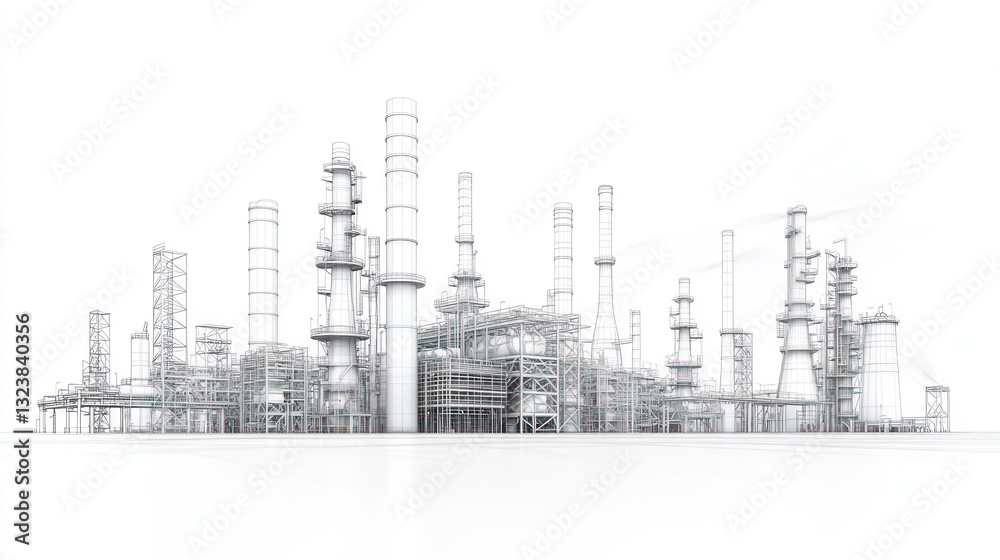 Blueprint of an Industrial Refinery Complex: A 3D Wireframe Model Stock ...