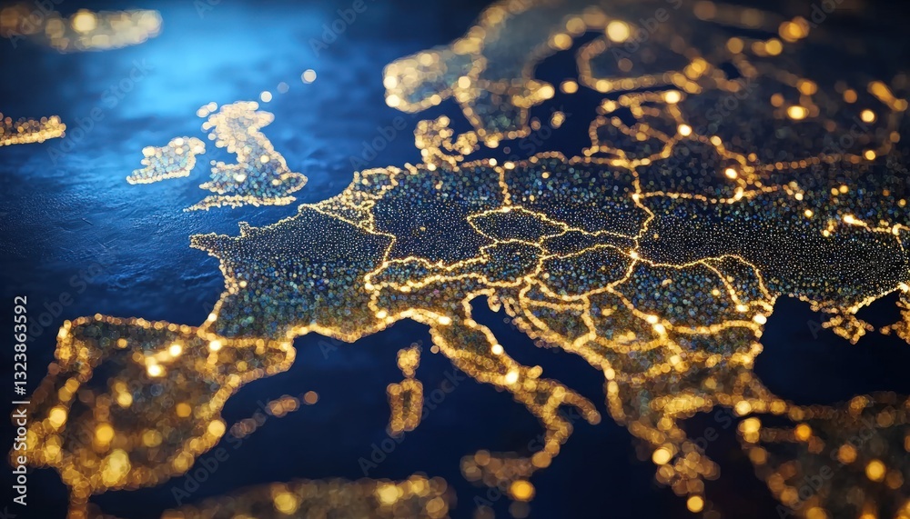 Illuminated map of Europe depicting interconnected networks and data ...