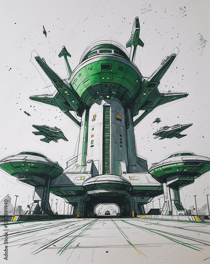 Massive green and white spaceport with intergalactic spaceships taking ...
