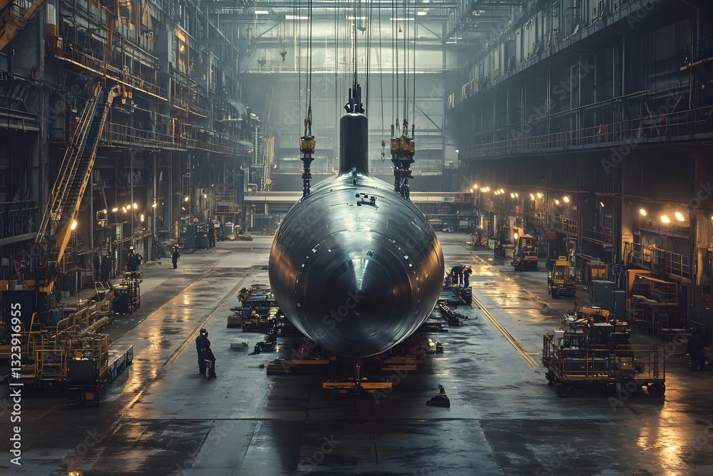Submarine construction in industrial shipyard with workers in large ...