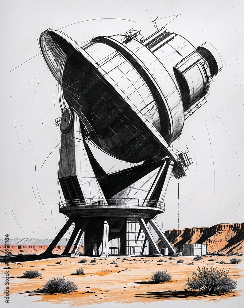 Giant telescope observatory in a desert building design in sketch hand ...