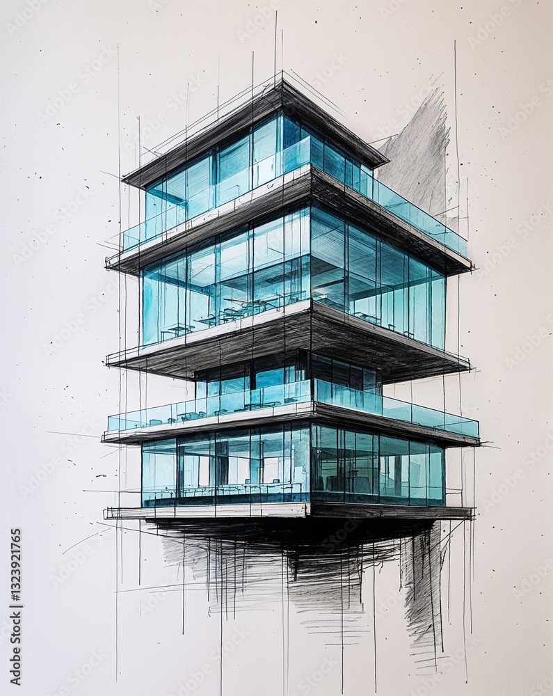 Glass walled floating restaurant building design in sketch hand drawing ...
