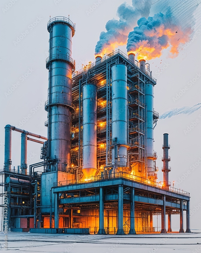 Huge high tech energy plant with glowing power reactors and metallic ...