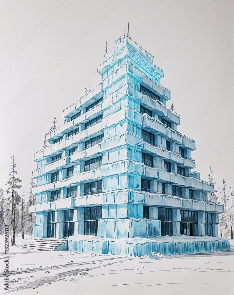 Ice hotel made of carved ice blocks building design in sketch hand ...