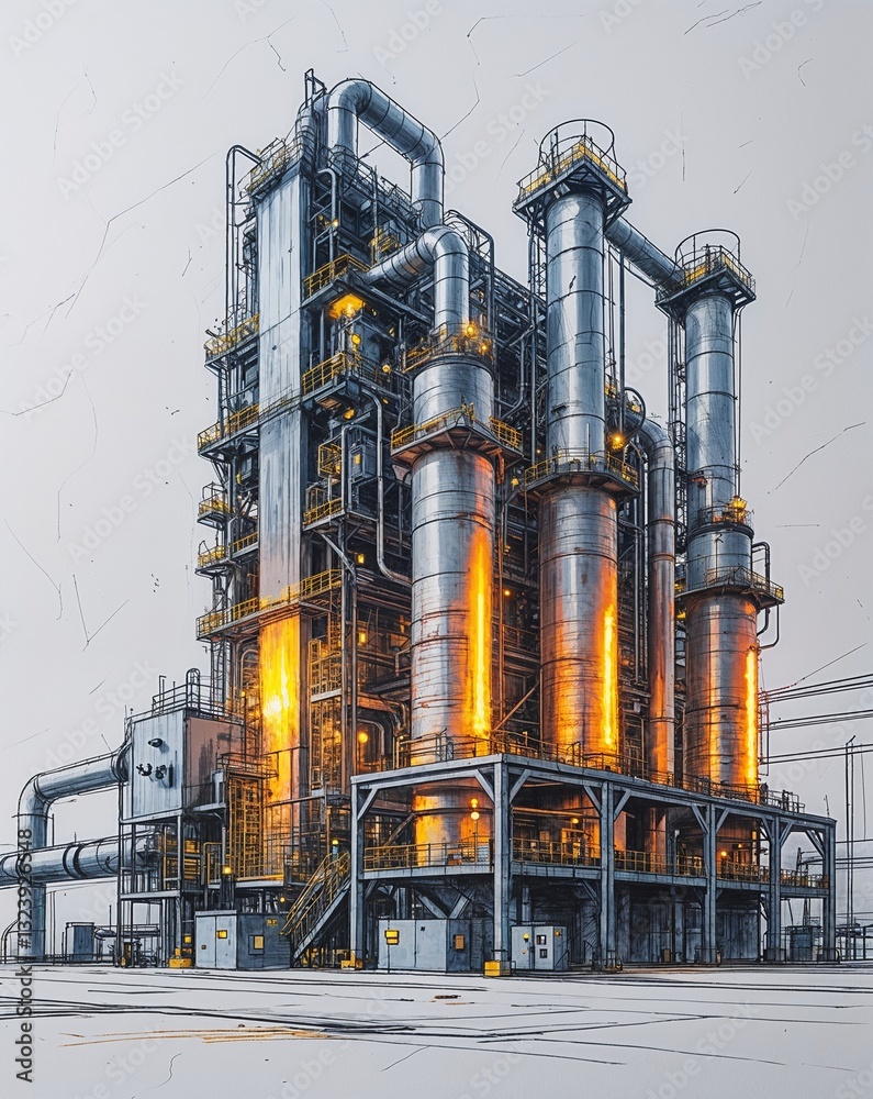 Huge high tech energy plant with glowing power reactors and metallic pipes building design in ...