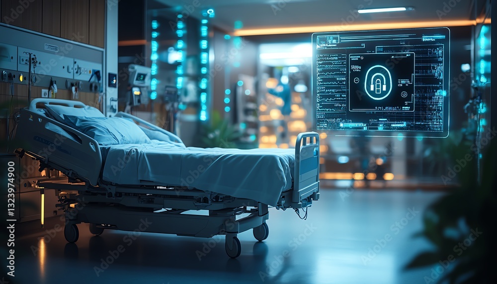 A hospital room featuring a hospital bed with a prominent digital lock ...