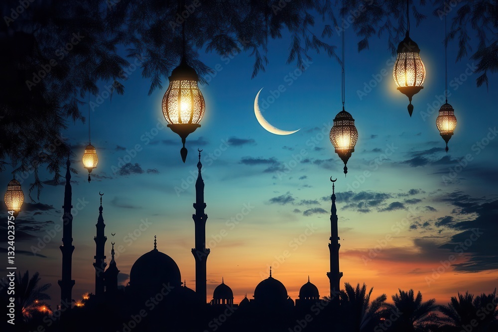 golden mosque silhouette against deep blue twilight sky with hanging ...
