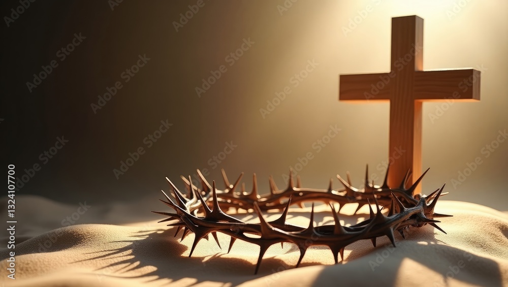 Passion of Jesus Christ. Thorns crown and wooden cross on sand, banner ...