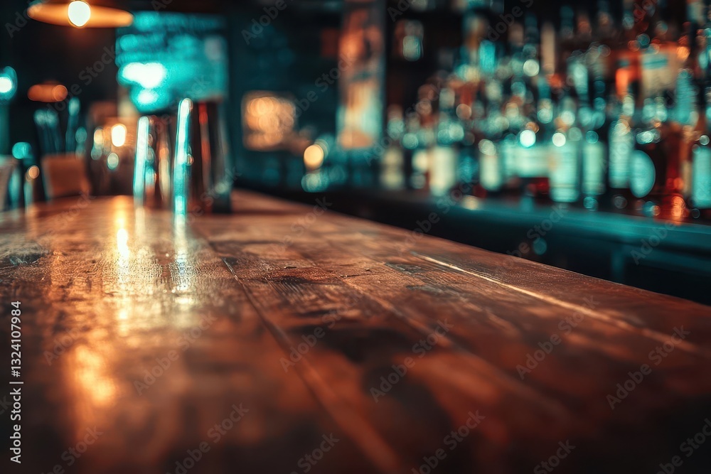 polished wooden bar counter with rich grain textures and ambient ...