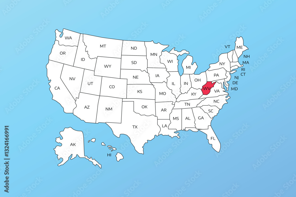 west virginia vector map isolated on United states map. Editable blank ...