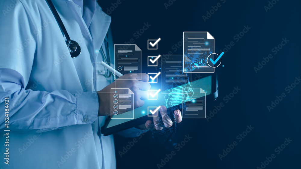 Medical research, doctor doing online checklist document, digital ...