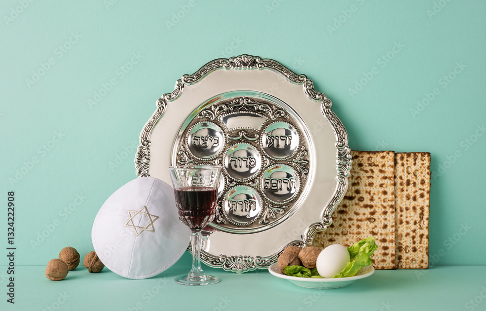 Passover side view table setting featuring a Seder plate, matzah, a cup of wine, and symbolic ...