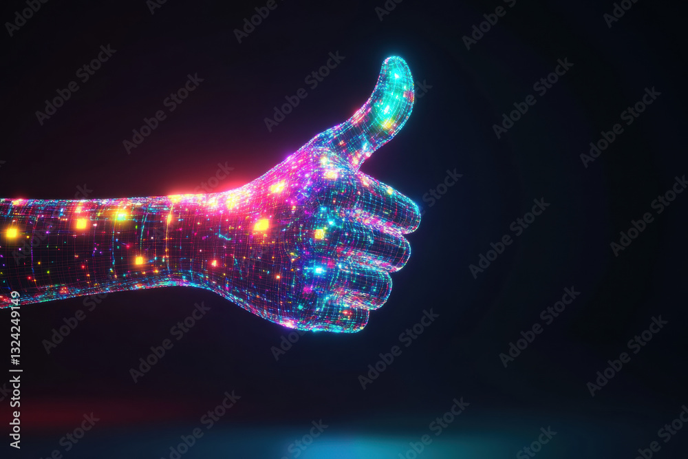 glowing digital hand giving thumbs up gesture, composed of vibrant ...