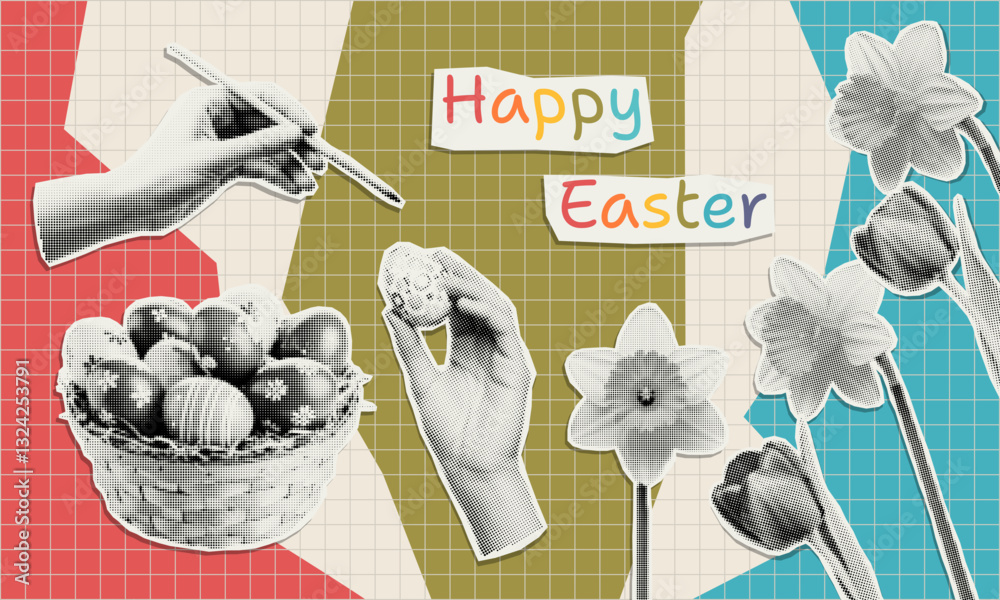 Happy Easter collage elements cut out from paper with halftone effect ...