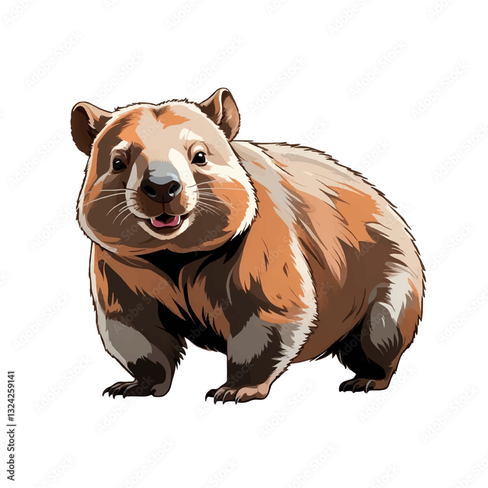 Cute and fluffy wombat standing on all fours in a forest setting with a ...