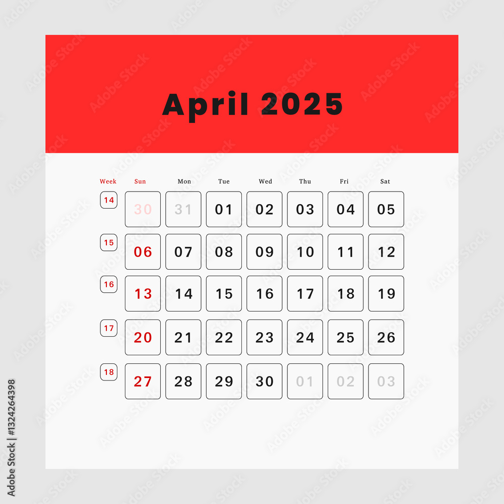 Letter calendar for April 2025. The week begins on Sunday. Time ...