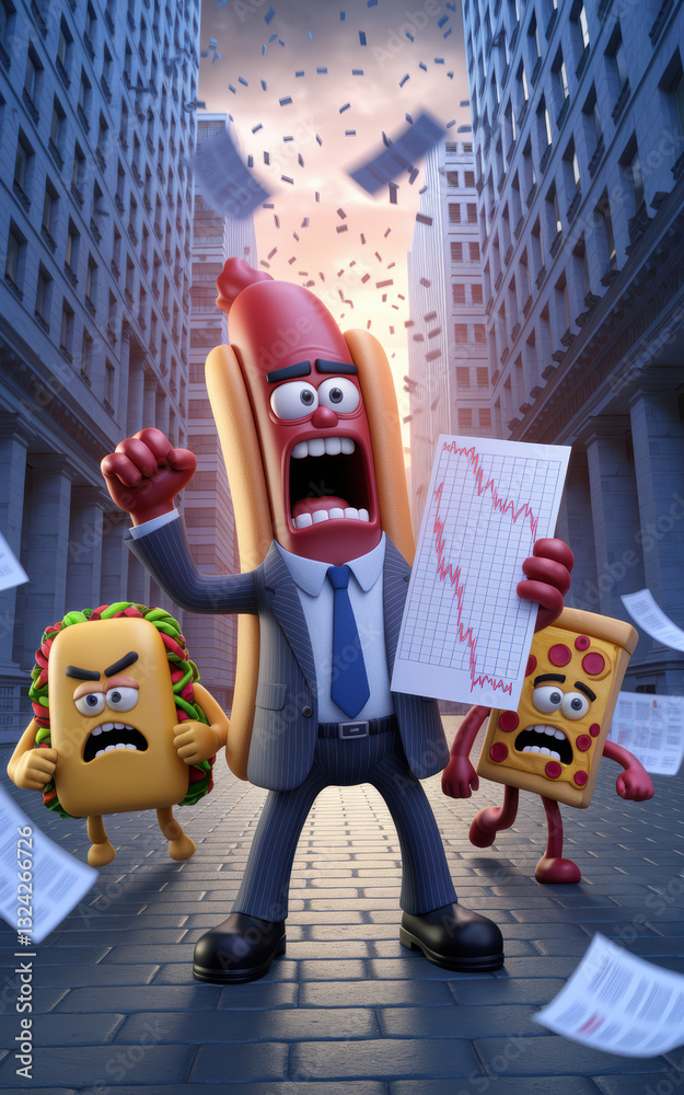 Angry Business Characters: Hot Dog, Taco, and Pizza in a Financial ...