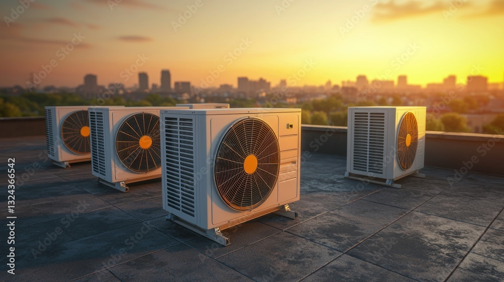 Rooftop HVAC Air conditioning units on building roof, city skyline at ...