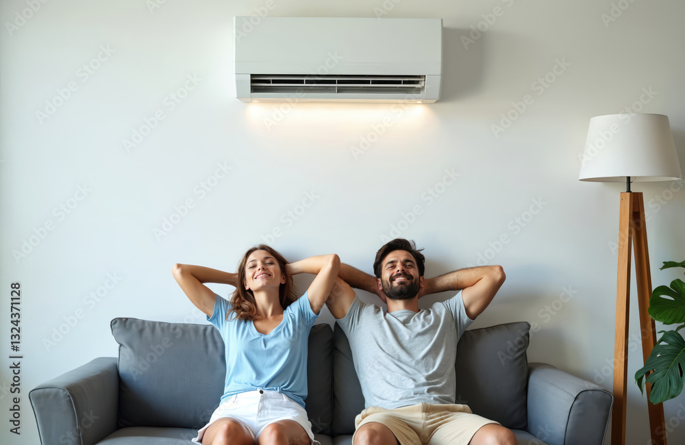 Happy couple rests on couch under air conditioner. Smiling woman, man ...