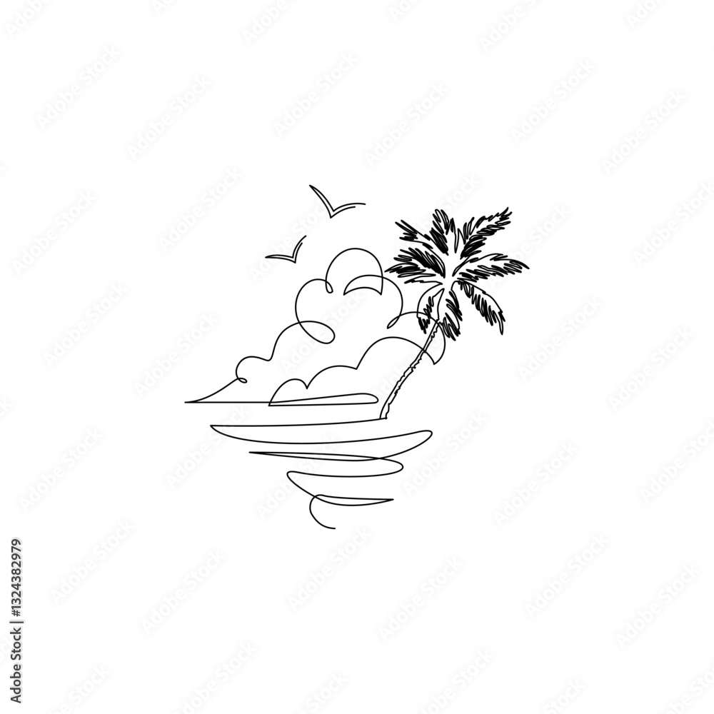 One line drawing tropical oasis island, paradise concept. Abstract ...