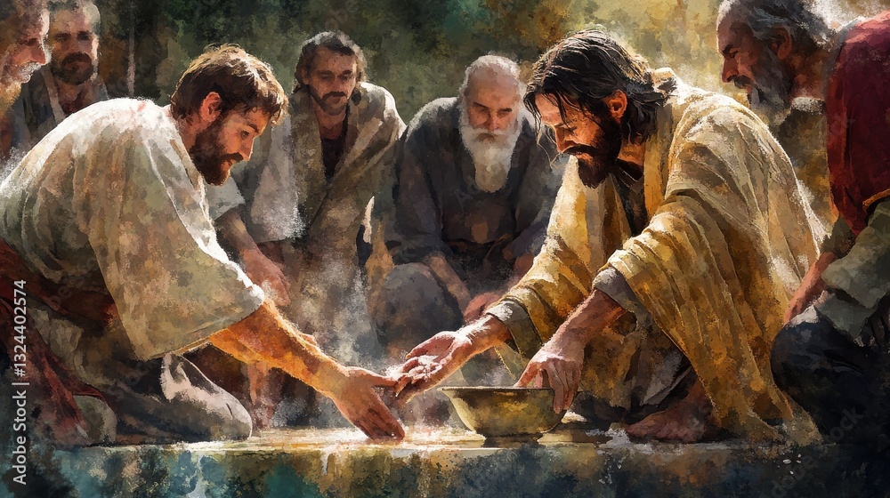 Jesus Washing Disciples' Feet - Digital Watercolor Painting of Maundy ...