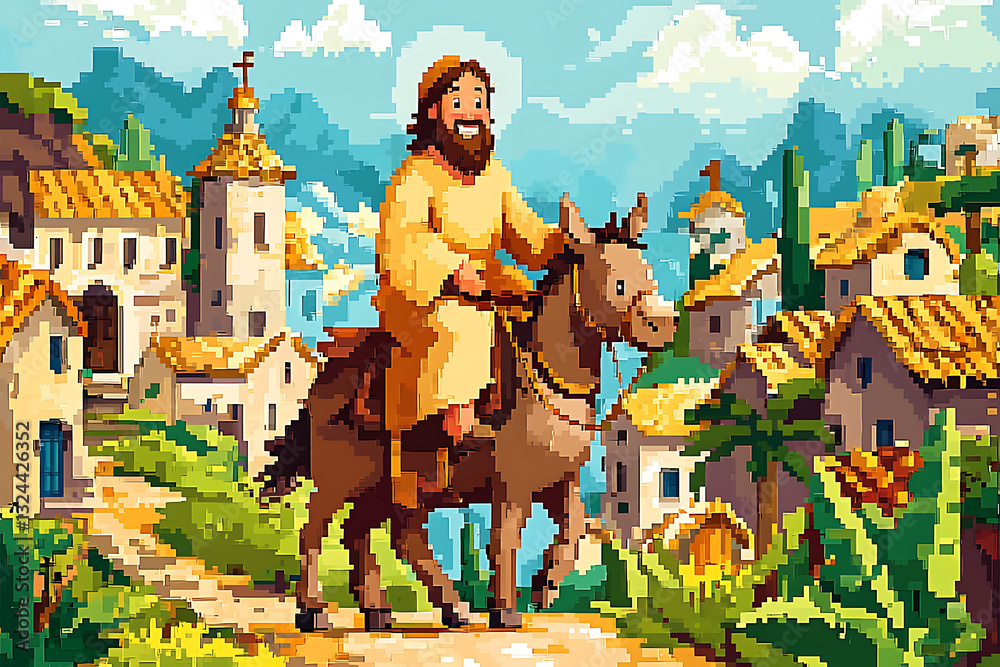 Ilustración de Stock Pixel art depiction of a man riding a donkey ...