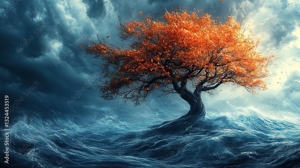 A tree with swirling leaves symbolizes thought explosion, information ...