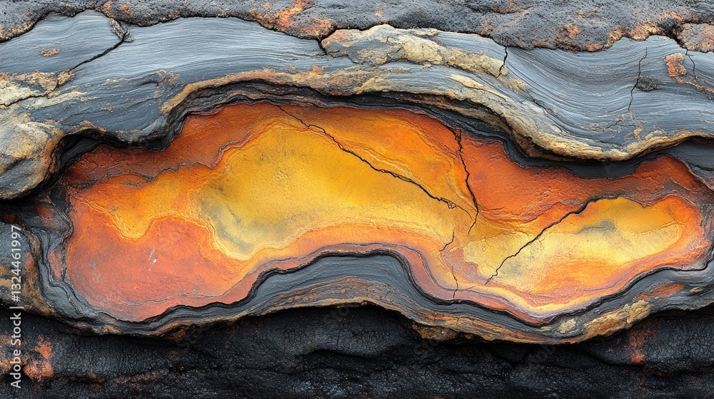 Coastal rock strata, orange mineral vein, textured surface, background ...