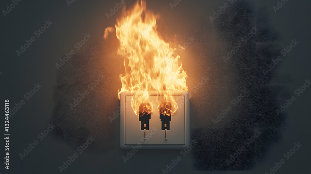Electrical outlet catching fire due to a short circuit, symbolizing the ...
