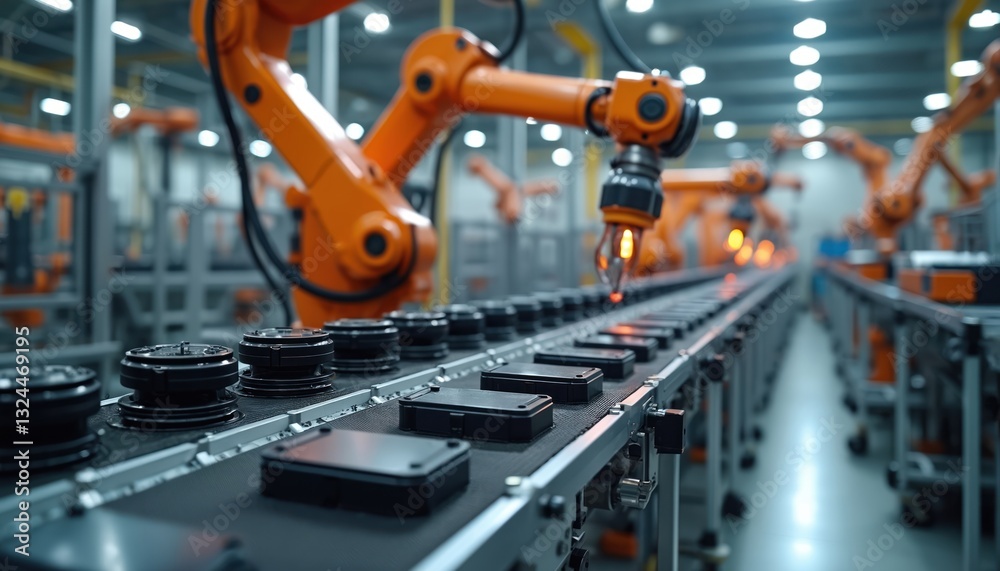 Automation assembly line with robotic arms, machinery in plant ...