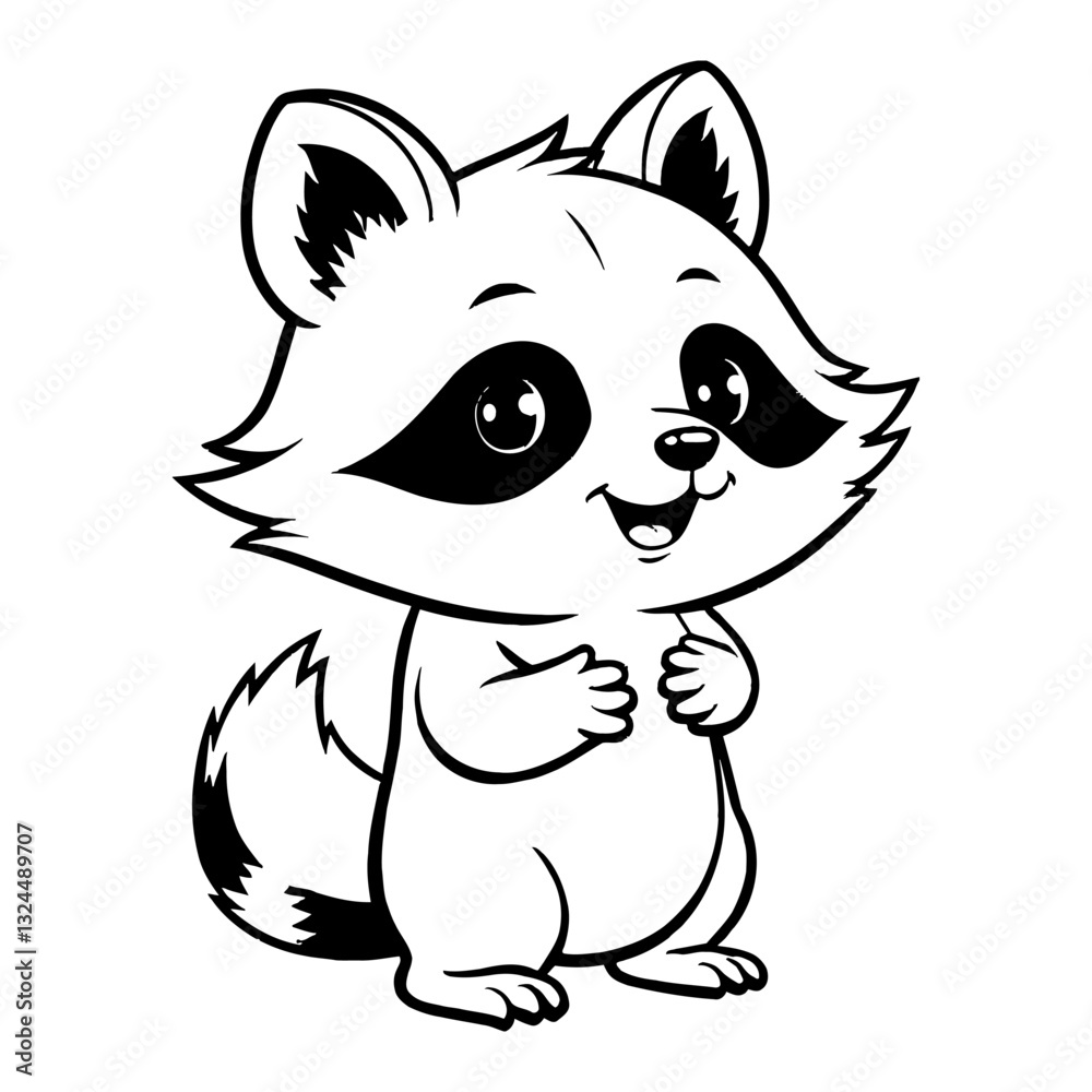 Cute Chibi Kawaii Raccoon with Smiling Face Standing Upright Black and ...