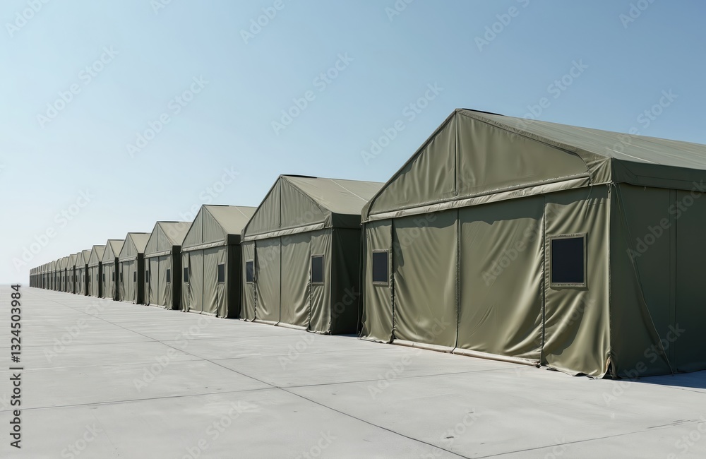 Modern industrial military hangar tent complex. Green portable modular ...