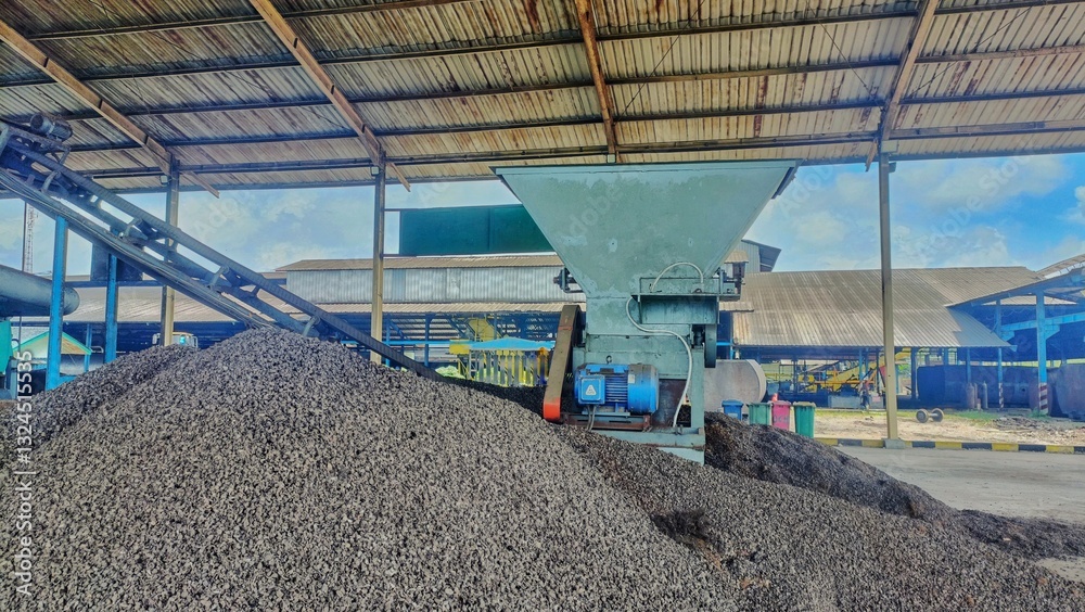This photograph captures a stockpile of palm kernel shells in an ...