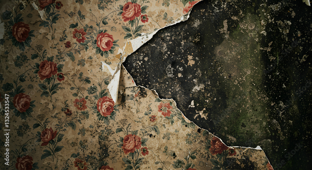 Floral wallpaper peeling off a wall, revealing black mold and decay in ...