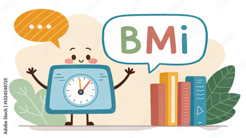 Cartoon character holding scale with BMI text, surrounded by books and ...